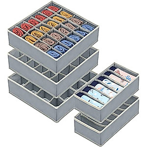 5 Pack Sock Underwear Organizer Drawer Dividers, Foldable Fabric Dresser Closet Organizers Box, Bedroom Cabinet Organization and Storage Bins for Baby Clothes, Undies, Handkerchiefs, Scarf, Ties, Belt