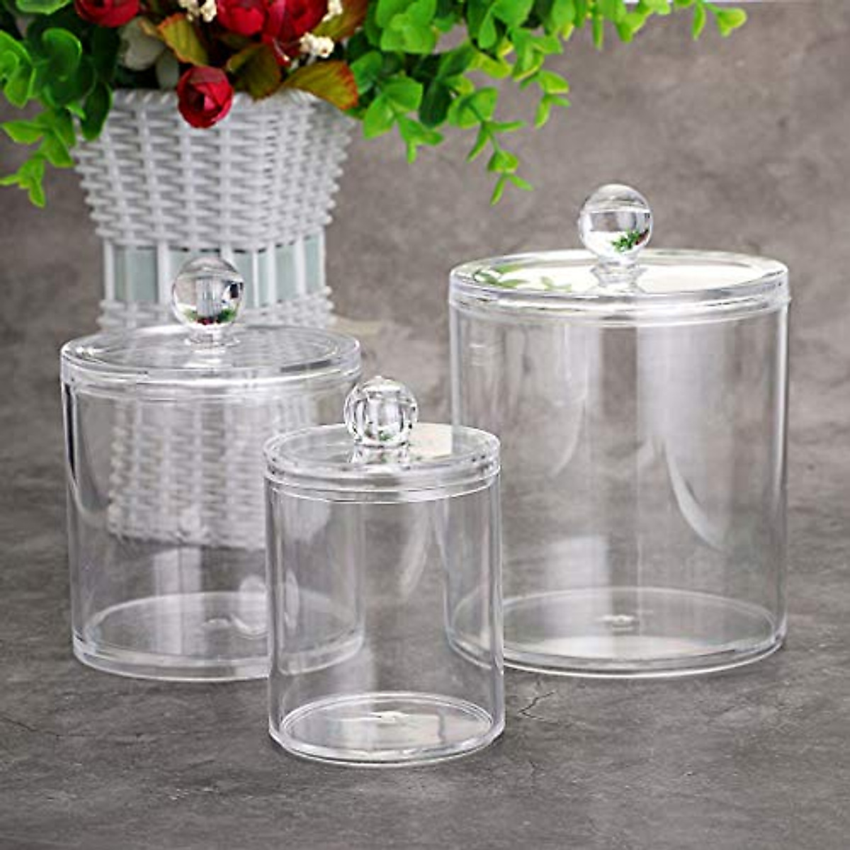 Hipiwe Set of 3 Cotton Ball and Swab Organizer with Lid - Apothecary Acrylic Jar Makeup Cotton Organizer Q-Tips Holder Bathroom Vanity Storage Canister Jar for Cotton Rounds Pads