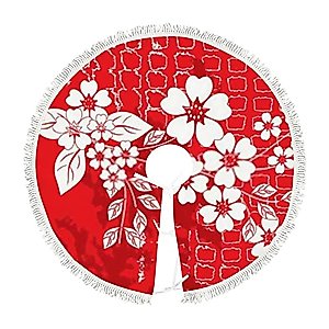 Hapuxt Christmas Tree Skirt 48 Inch Xmas Plush Skirts Decoration White Flower Oriental Traditional Deco Red Merry Christmas Family Party Holiday Indoor Outdoor Home Decor White Tassel Lace