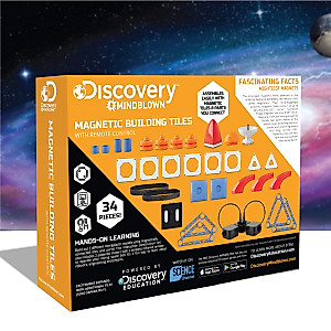 Discovery #MINDBLOWN Customizable Magnetic Building Tiles with Remote Control, 34-Piece Play Set, Build 3 Intergalactic Models, Includes 2 Powered Motors, STEM Toy for Boys and Girls