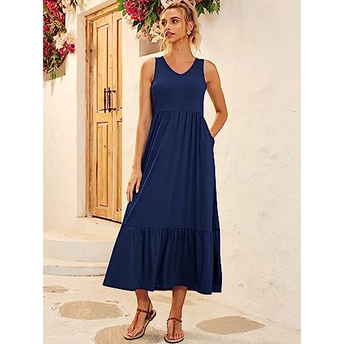 LILLUSORY Women's Summer Sleeveless V Neck Flowy Swing Dresses Casual Tiered Long Maxi Dress with Pockets Navy Blue