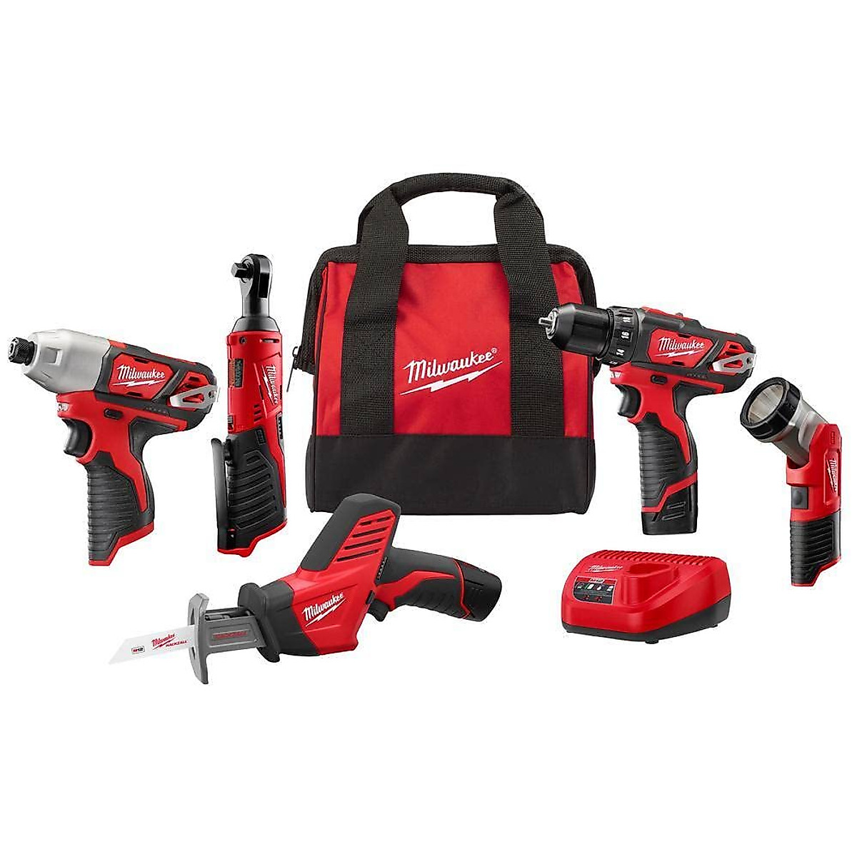 Milwaukee M12 12V Cordless Combo Kit 5-Tools: 2407-20 3/8 in. Drill/Driver + 2462-20 1/4 in. Hex Impact Driver + 2420-20 Hackzall Recip Saw + 2457-20 3/8 in. Ratchet + 49-24-0146 LED Worklight