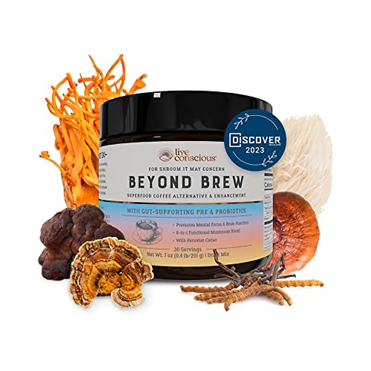 Beyond Brew Mushroom Superfood Coffee | Mushroom Coffee Alternative Low Caffeine | Healthy Coffee Substitute | W/Prebiotics & Probiotics | By Live Conscious | 30 Servings Net Wt. 7 oz (0.4 lb/201g)