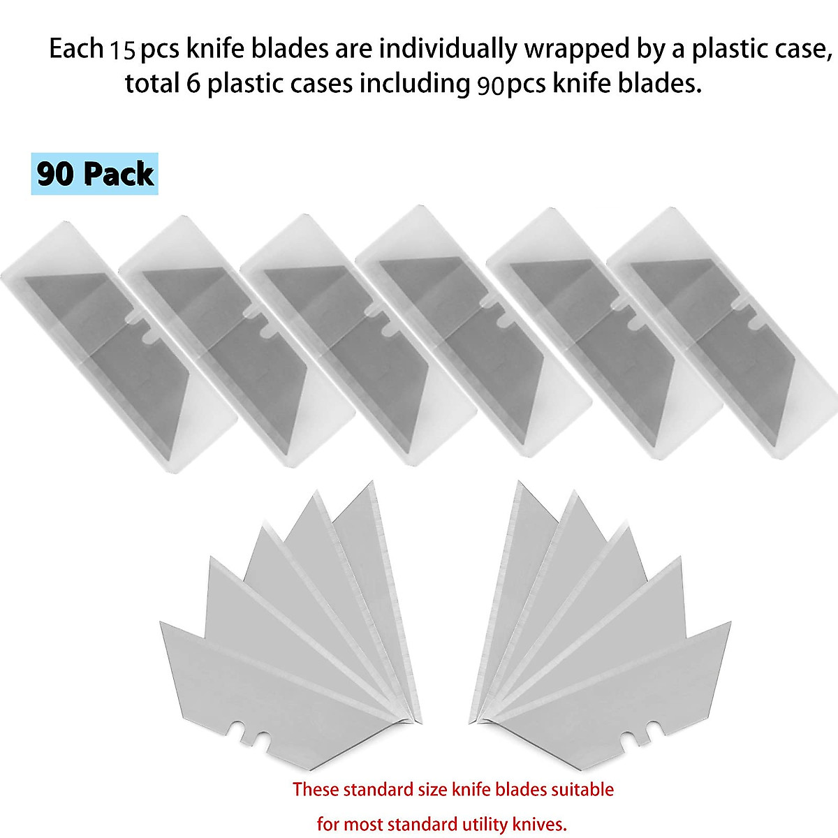 Utility Knife Blades 90 Pack, High Carbon Steel Standard Size Utility Knife Refill Blades, Heavy Duty SK5 Utility Razor Replacement Blades