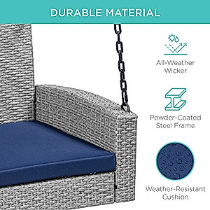 Best Choice Products Woven Wicker Outdoor Porch Swing, Hanging Patio Bench for Deck, Garden w/Mounting Chains, Seat Cushion - Gray/Navy