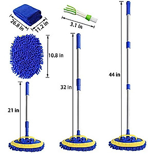 2 in 1 Microfiber Car Wash Mop Mitt with 45" Aluminum Alloy Long Handle,Chenille Car Cleaning Kit Brush Duster with Scratch Free for Washing Car/Truck/RV,2 Mop Head and 1 Towels and Air Vent Duster