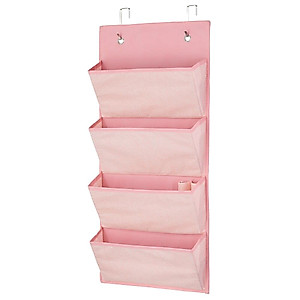 mDesign Soft Fabric Wall Mount/Over Door Hanging Storage Organizer - 4 Large Pockets for Child/Kids Room or Nursery, Hooks Included - Herringbone Print - Pink