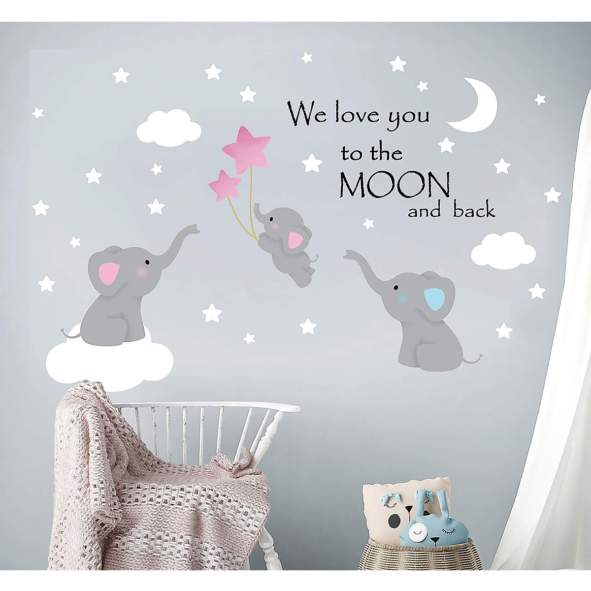Family Elephant Wall Decal Baby Nursery Decor Kids Room Wall Stickers Large Cute Lovely Elephant Decals with Moon Stars Quote Home Decorations Love You to The Moon and Back 60''W x48''H
