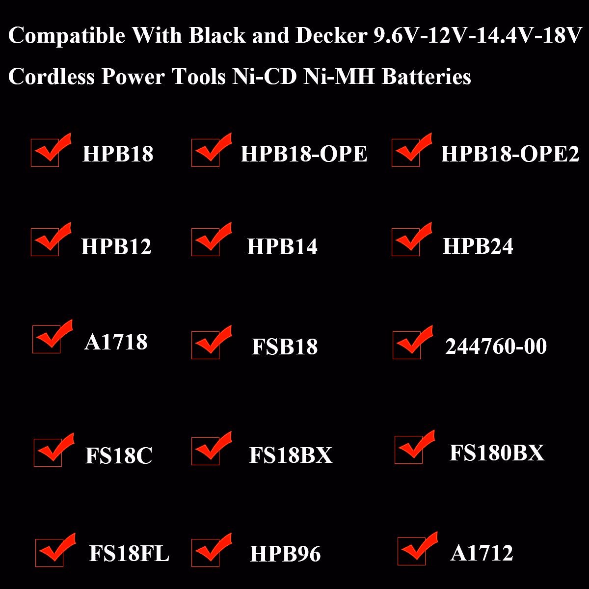 9.6V-18V NI-CD&NI-MH Multi Volt Battery Charger 90556254-01 Replace for Black&Decker 18V 14.4V 12V 9.6V Slide Battery HPB18-OPE HPB18 HPB14 HPB12 HPB96