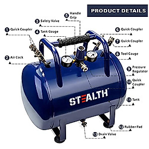 STEALTH Air Tank, 10 gallon High Pressure Air Tank with Maximum 225Psi Pressure, Ideal For Inflation Jobs, Blue-Saa-110T