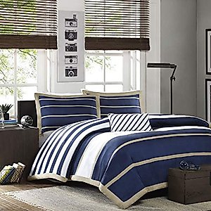Mi Zone Ashton Casual Comforter Set, Vibrant Colorblock Design, Modern Bedding Geometric Stripes All Season Cover, Matching Shams, Decorative Pillow, King/Cal King, Khaki/Navy, Ashton Navy, 4 Piece