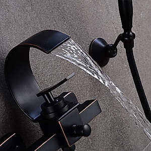 Wovier Oil Rubbed Bronze Waterfall Wall mount Bathtub Faucet,Single Handle Tub & Shower Mixer with Hand Held Shower Set,Black