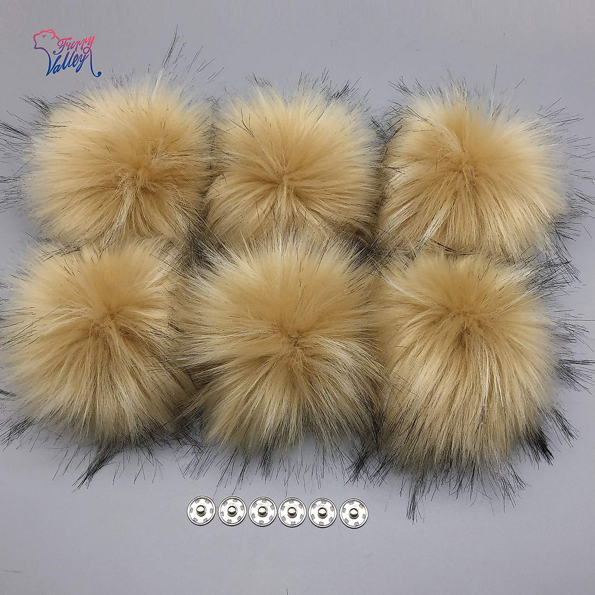 Furryvalley Faux Fur Pompom 6pcs DIY Crafts Fluffy Balls for Hat Shoes Scarves with Snap Fastener Removable Knitting Hat Horse Riding Hat Silk Accessories 6 Inch Extra Large(Khaki)