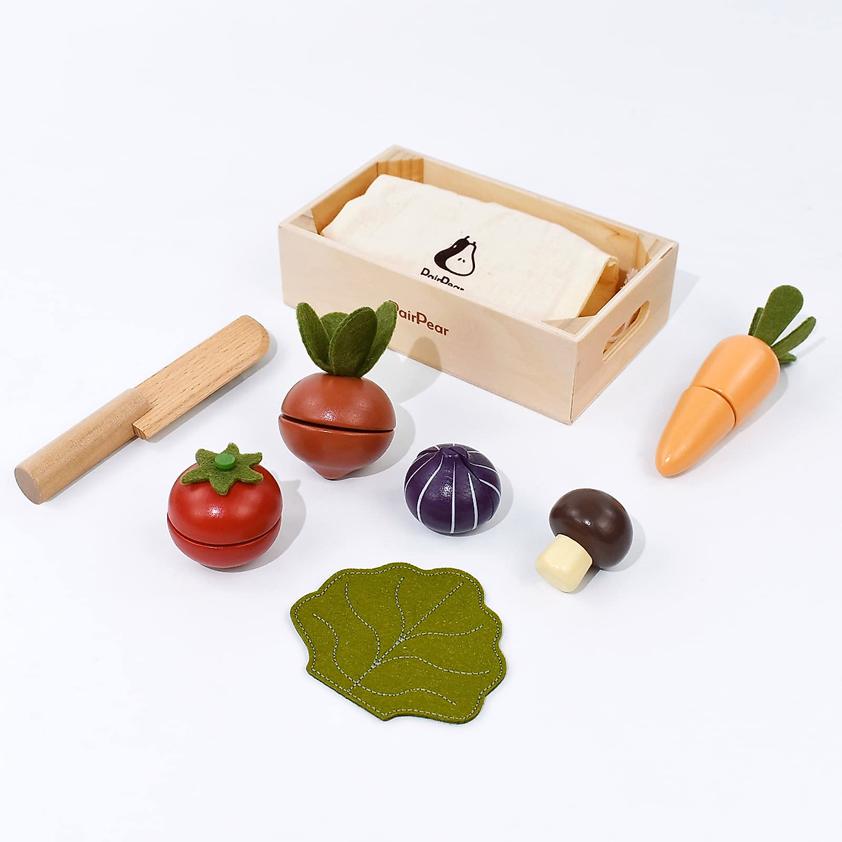 PairPear Wooden Play Food Cutting Vegetables Set - Wooden Toys for Toddlers Toy Food Play Kitchen Accessories