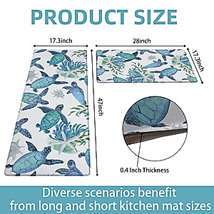 Tritard Coastal Beach Kitchen Rugs Mats Set of 2 Cushioned Anti Fatigue Kitchen Floor Mat 0.4 Inch Sea Turtles Non Slip Waterproof Kitchen Rug PVC Leather Comfort Mats for Kitchen, Blue, 17x28+17x47