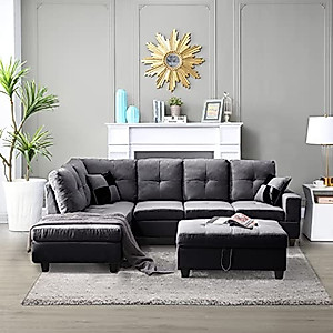 GINGVAT L-Shape Fabric Sectional Sofa,Left Consort Couch with Moveable 2 Pillows and Storage Ottoman,for Living Room Furniture Sets, Gray