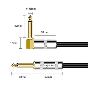 Penker 2 Pack Guitar Instrument Cable 6FT,Right Angle 1/4-Inch TS to Straight 1/4-Inch TS Gold Plated 6.35mm Guitar Cord,2 Meter for Guitar Bass Keyboard Effector Microphone Mixer
