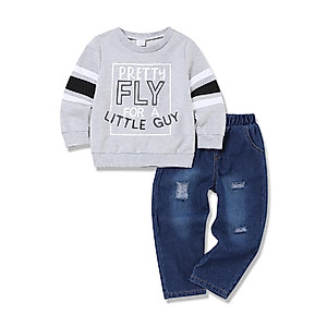 oklady Boy Clothes 5T 6T Long Sleeve Letter Sweatshirts Top and Ripped Jeans Pants Toddler Boys Fall Winter Outfits