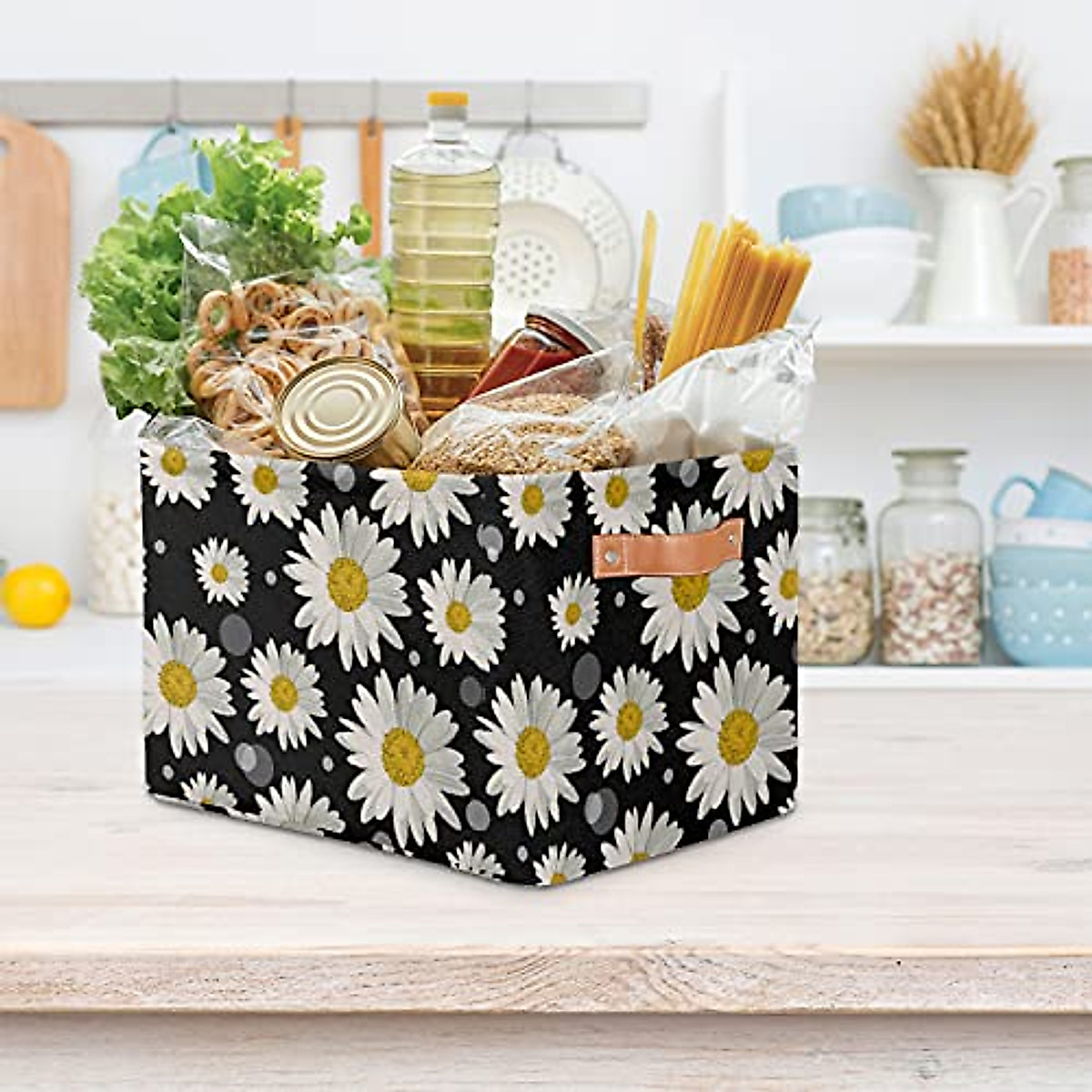 Daisy Storage Basket Bins Flower Floral Toys Books Clothes Canvas Storage Box Cubes Rectangular Collapsible with Handles for Bedroom Nursery Home Office Decor Organizer Basket