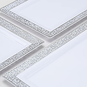 BBG 12Pcs Plastic Silver Serving Trays and Platters Set, 13.77 * 8.46” White with Silver Lace Design, Rectangular Plastic Food Platters, Disposable Serving Tray for Party Weddings Reception Buffet