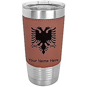LaserGram 20oz Vacuum Insulated Tumbler Mug, Flag of Albania, Personalized Engraving Included (Faux Leather, Dark Brown)
