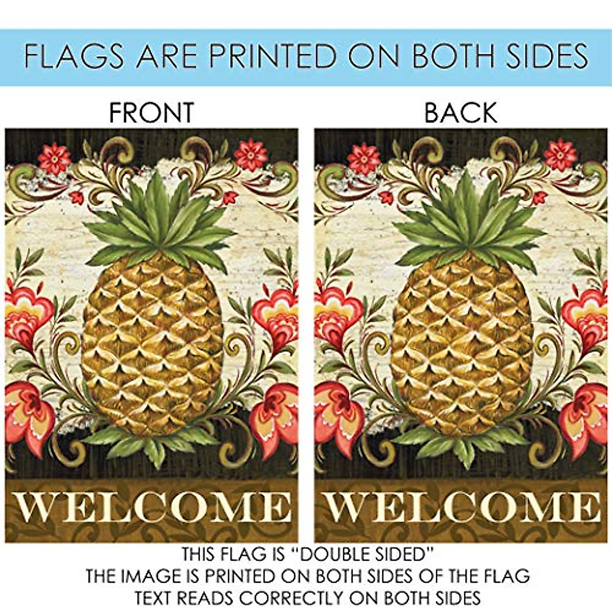 Toland Home Garden 111163 Pineapple & Scrolls Welcome Flag, 12x18 Inch, Double Sided for Outdoor Spring House Yard Decoration