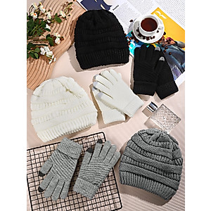 KUTTOR 6 Pieces Winter Knitted Beanie Hats Gloves Set Warm Cozy Skull Ski Cap Touchscreen Knitted Gloves for Women