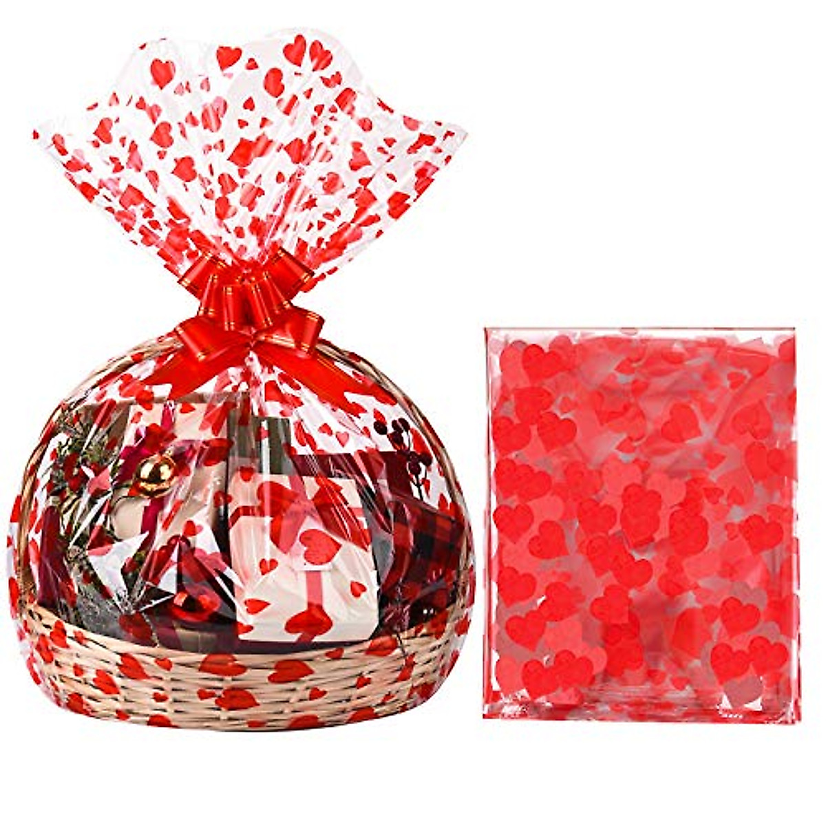 Zonon 20 Pcs Valentine Cellophane Bags 35 x 23 In Valentine Basket Bags Heart Printed Cellophane Wrap red Basket Bags Large Cellophane Bags for Baskets, Weddings (Heart Style)