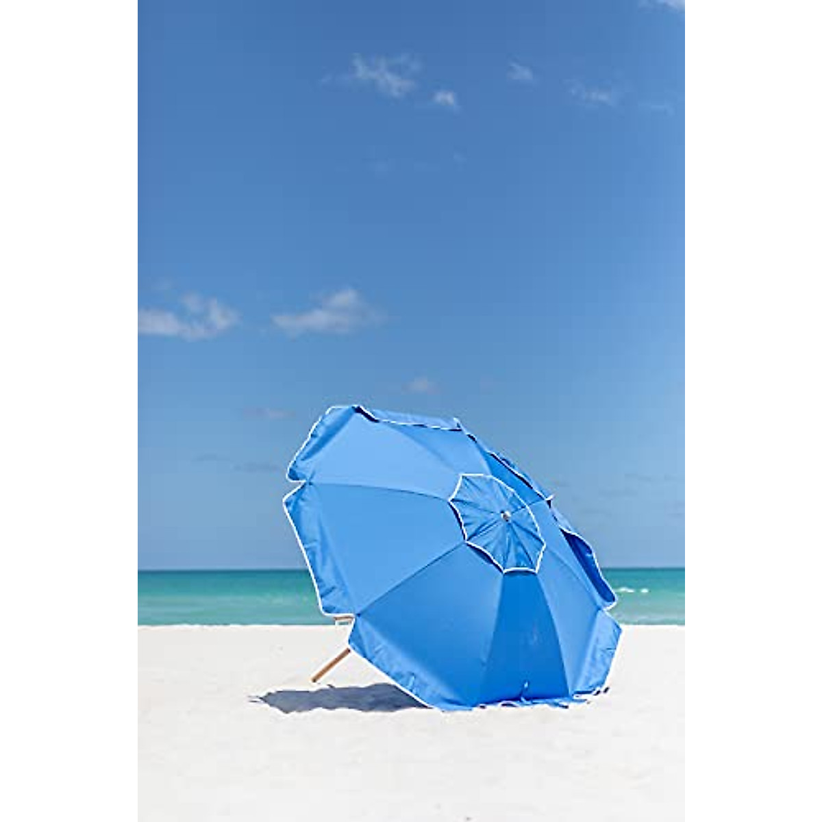 AMMSUN 7.5ft Heavy Duty HIGH Wind Beach Umbrella Commercial Grade Patio Beach Umbrella frames with Air Vent Ash Wood Pole & Carry Bag UV 50+ Protection Blue