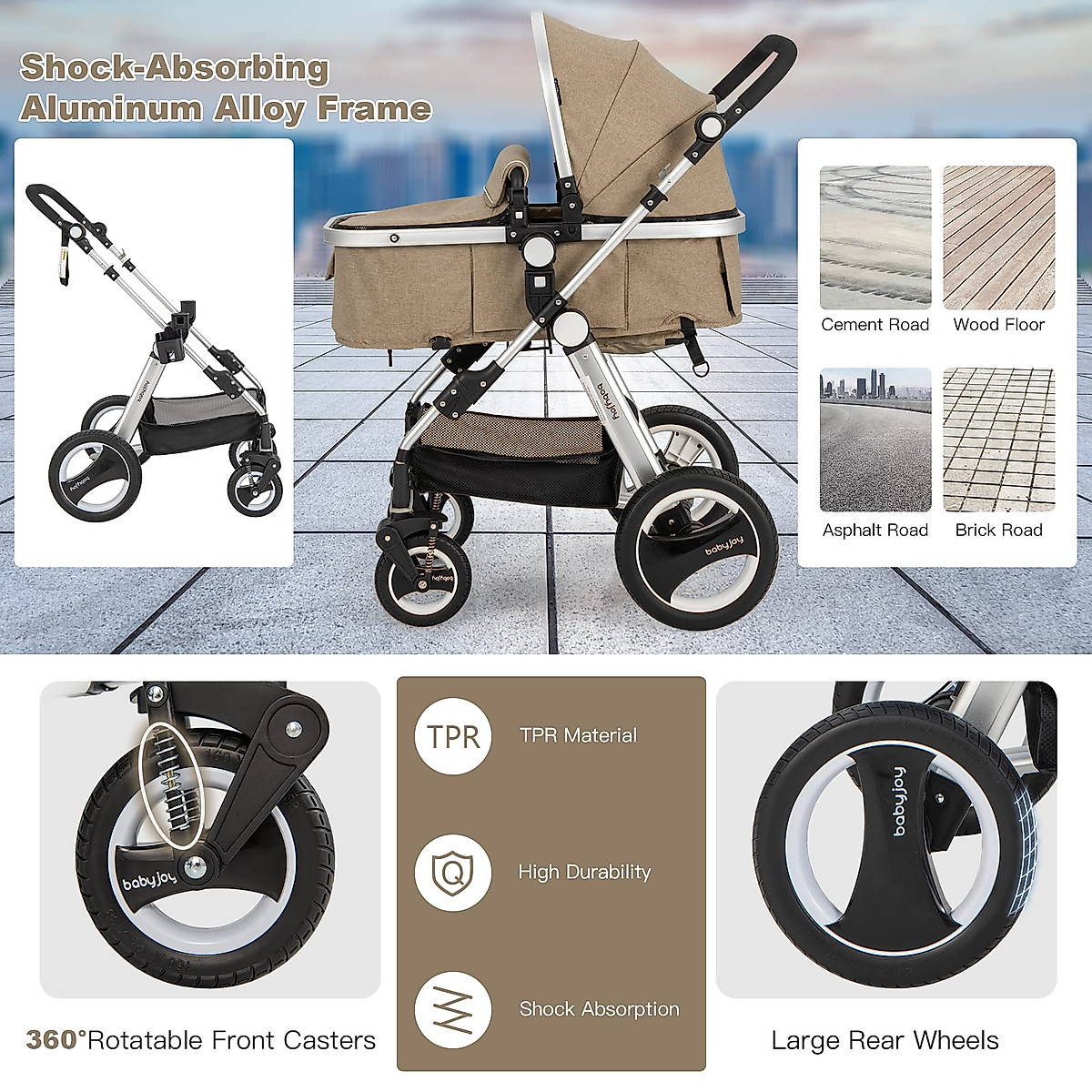 BABY JOY Baby Stroller, 2-in-1 Convertible Bassinet Reclining Stroller, Foldable Pram Carriage with 5-Point Harness, Including Cup Holder, Foot Cover, Diaper Bag, Aluminum Structure, Khaki