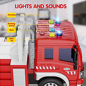 Fire Truck Toys with Siren Lights and Sounds, 1:16 Scale Fire Engine Truck for 3-5 year old Boys Extending Rescue Rotating Ladder Pull Back Toy Trucks for Kids 3 4 5 6 7 8 Years Old Birthday Xmas Gift