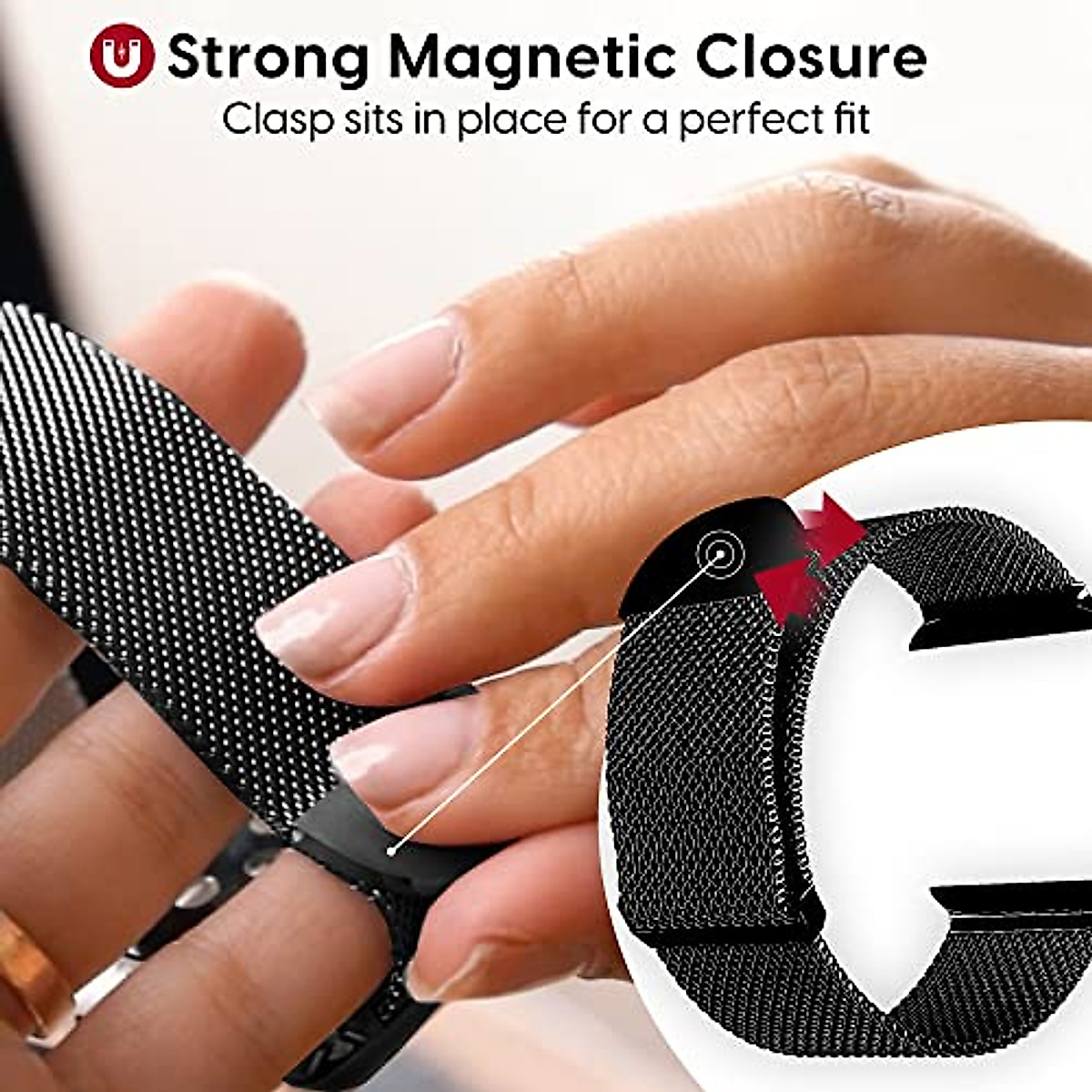 TALK WORKS Expandable Watch Band Compatible with Apple Watch Series - 42mm / 44mm / 45mm - Magnetic Closure - Stainless Steel Mesh Loop Comfort Fit Strap for Women and Men - Black