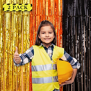 LOLStar 2 Pack Construction Foil Fringe Curtains, Construction Birthday Party Supplies, 3.3x6.6 ft Yellow Orange and Black Tinsel Photo Booth Prop, Streamer Backdrop for Construction Party Decoration
