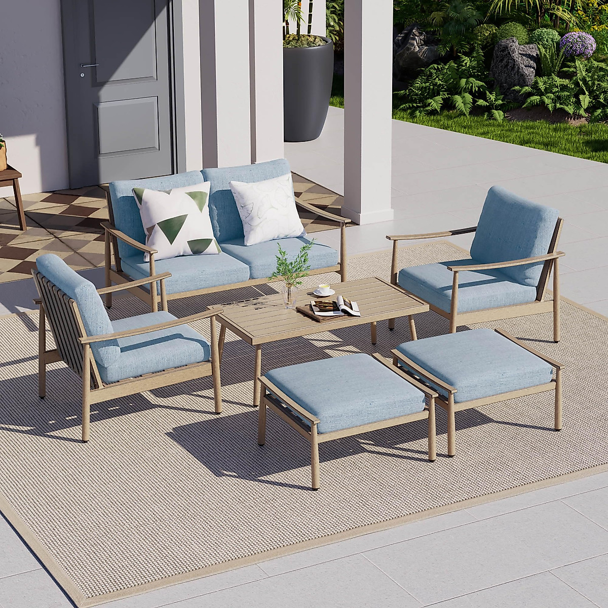 HAPPATIO Patio Outdoor Furniture Set - 6 Pieces Aluminum Outdoor Conversation Set with 1 Cushioned Loveseat, 2 Armchairs, 1 Coffee Table, and 2 Ottomans for Yard, Porch, and Deck (Brown)