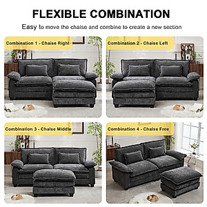 Generic DUNELLA 88.9"" Cloud Couch Sectional Couches for Living Room, Modular Chenille Sectional Sofa with Ottoman and Pillows, Modern Comfy Deep Seat Sleeper Sofa (Black, 3 Seat)