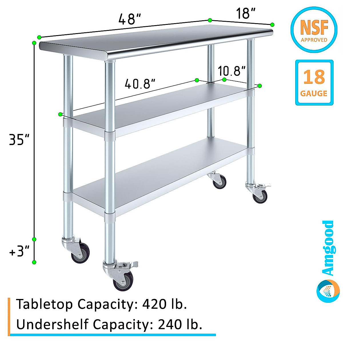 Stainless Steel Work Table with 2 Shelves with Casters | Metal Utility Table | Commercial & Residential NSF Utility Table (Stainless Steel Table with 2 Shelves, 48" Long x 18" Deep)