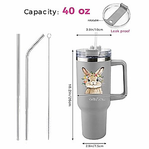 LB LEOBON 40 ounce insulated cup with handle, double-layer vacuum stainless steel material, equipped with straw, can keep warm or maintain cold drinks Easter Rabbit F grey