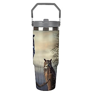 BWQJKUO Large Capacity Car Cup 30 Oz Stainless Steel Owl Sitting Tree Fence Printed Travel Mug Leak-proof Flip Straw Tumbler with Handle,keeps Cold Or Ho