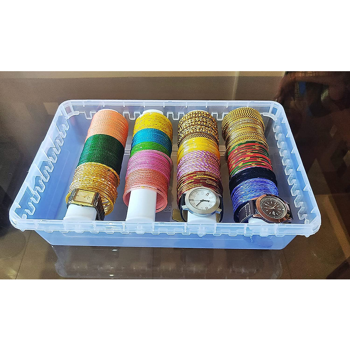 NMII Multipurpose Plastic Storage Box with 4 Adjustable Rods l Storing Box For Bangles, Chuda, Kada, Watches, Scrunchies I (Transparent_Big_4-Rod)