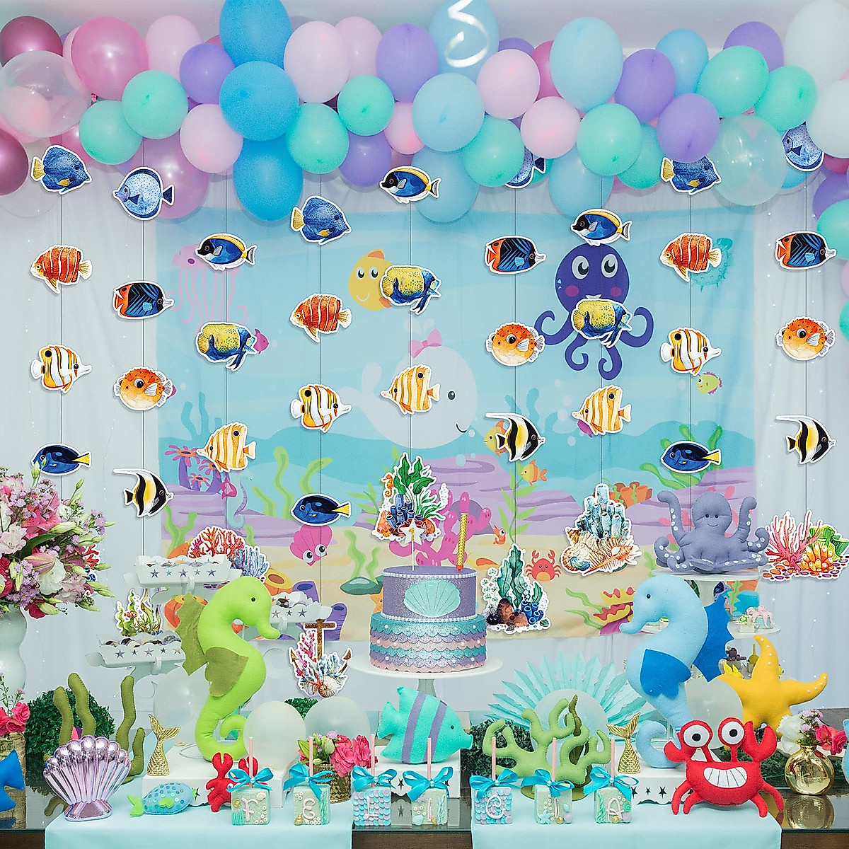 Hotop 9 Pcs Tropical Fish Party Banners Under The Sea Party Supplies Ocean Garland Kit Fish Ceiling Hanging Swirl Hawaiian Luau Decor Tropical Fish Paper Cutouts for Birthday Party Favor Supplies