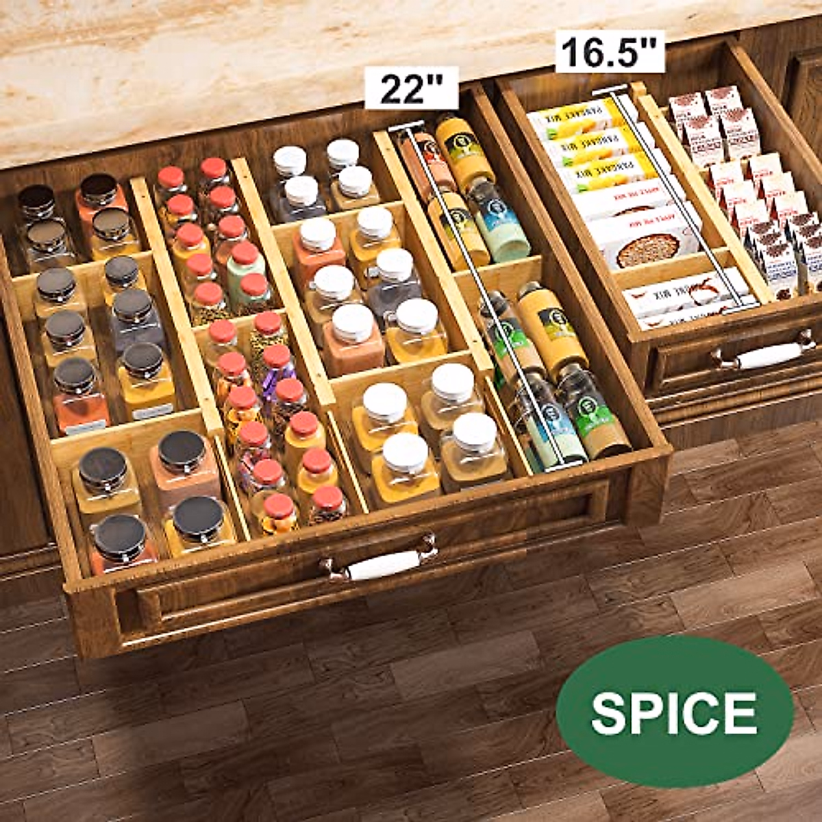 kiplant 8 Pack Bamboo Drawer Dividers with 8 Inserts, Kitchen Drawer Dividers from 16.5-22IN, Stackable Bamboo Drawer Organization for Kitchen & Dressers, 8 Dividers with 16 Inserts