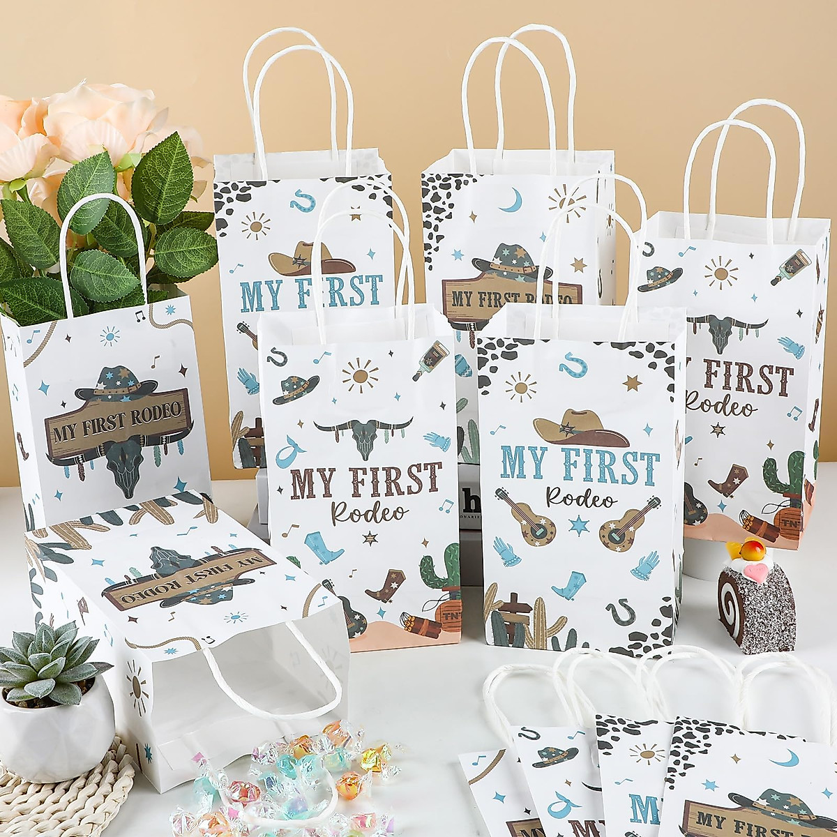 Justforjoyful 16Pcs My First Rodeo One Birthday Party Favors Bags Cowboy 1st Birthday Gift Snacks Treat Candy Paper Bags with Handle for Cowboy 1st Birthday Party Decorations Supplies 8 * 4.7 * 3inch