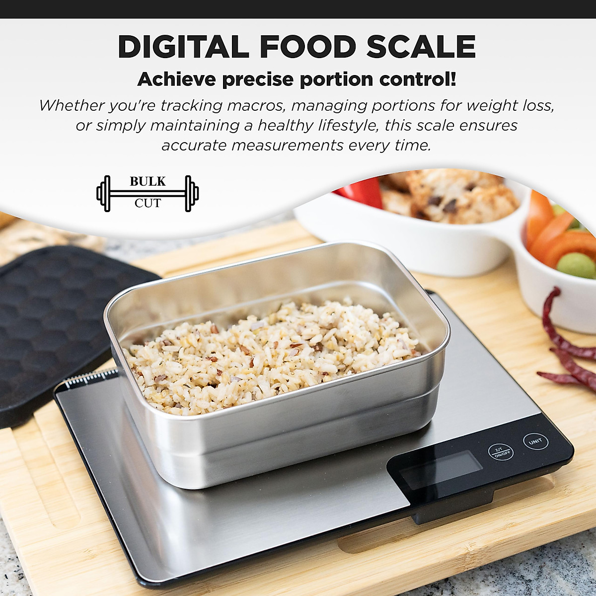 Bulk Cut Ultimate Meal Prep Containers Set, Reusable Lunch Boxes, Includes Glass and Stainless-Steel Lunch Storage Containers with Lids, Precision Food Scale and Lunch Bag, Modern Lunch Box Set