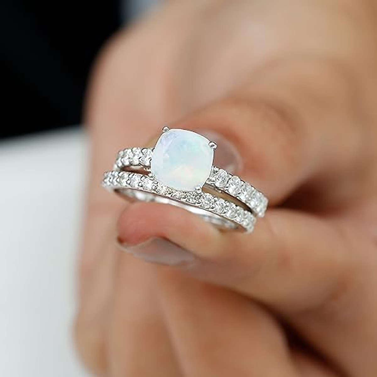 Certified Opal Wedding Ring Set, AAA Quality, Natural 8mm Cushion Cut Opal Engagement Ring with Moissanite Enhancer, 14K White Gold, Size:US 10.00