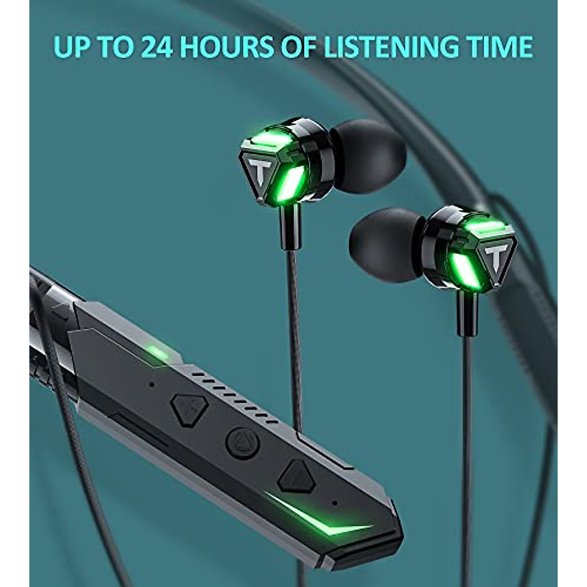 TNTOR Neckband Bluetooth Headphones with Microphone, Wireless Headphones Bluetooth 5.0 with Bright Green LED Ambient Light, Ultra Low Latency, Sweatproof for Gaming Running Sport