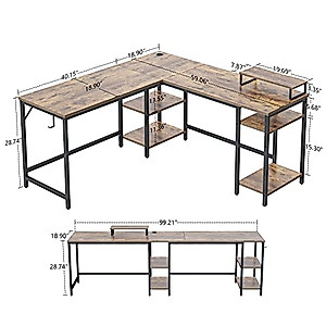 CubiCubi L Shaped Desk with Storage, 94.8 Inch Reversible Corner Computer Desk or 2 Person Long Table Desk, Home Office Large Gaming Writing Storage Workstation with Monitor Stand, Rustic Brown