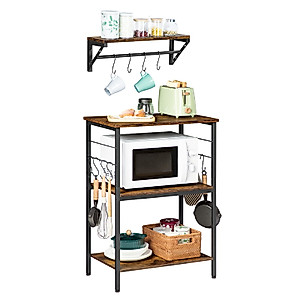 HOOBRO Bakers Rack with Floating Shelf, Microwave Stand with Shelves, Versatile Coffee Bar with 12 Hooks, for Kitchen, Entryway, Living Room, Dining Room, Office, Rustic Brown BF08HB01