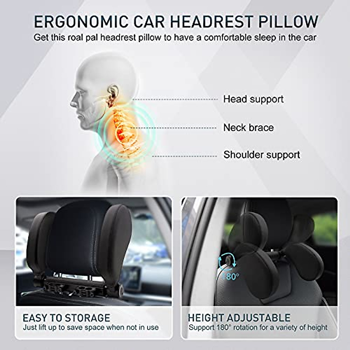 KUNGKIC Car Headrest Pillow,Full Grain Leather,U Shaped Car Seat Adjustable Head Neck Support,Sleeping Travel Car Pillow,Sleep Cushion Car Side Pillow for Kids Adults Elders (Black)