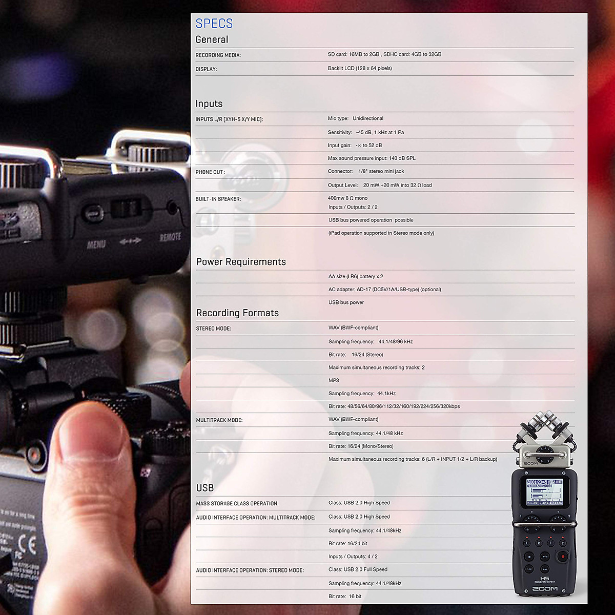 Zoom H5 4-Input / 4-Track Portable Handy Recorder with Interchangeable X/Y Mic Capsule + 32GB Memory Card + Lavalier Condenser Microphone + 4 AA Batteries & Charger + Tabletop Tripod/Handgrip