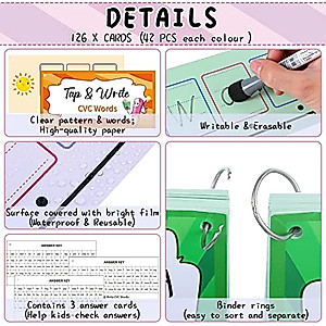 126 Cards Tap and Write CVC Words Flash Cards Laminated Tracing Practice Card Learning Letter Cards CVC Flashcards with 3 Rings for Kindergarten Preschool Kids, 8 x 4 Inch